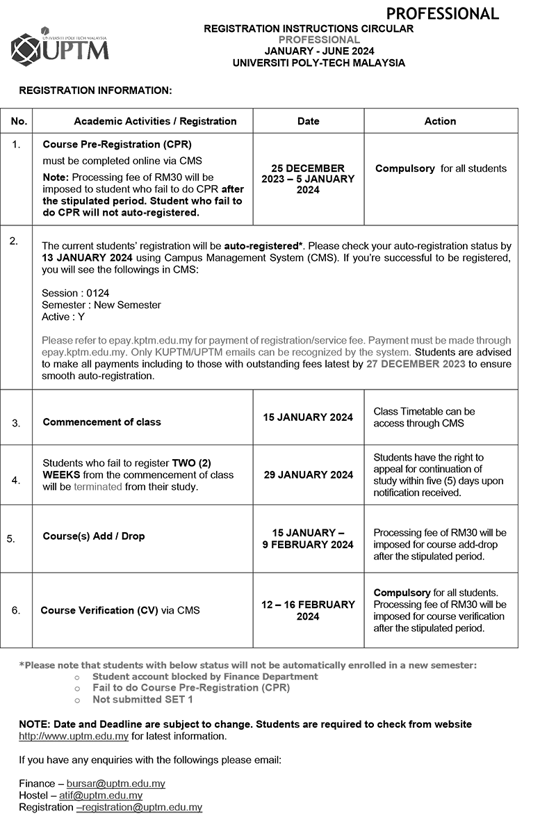 Universiti Poly-Tech Malaysia-UPTM - Registration Instructions Circular