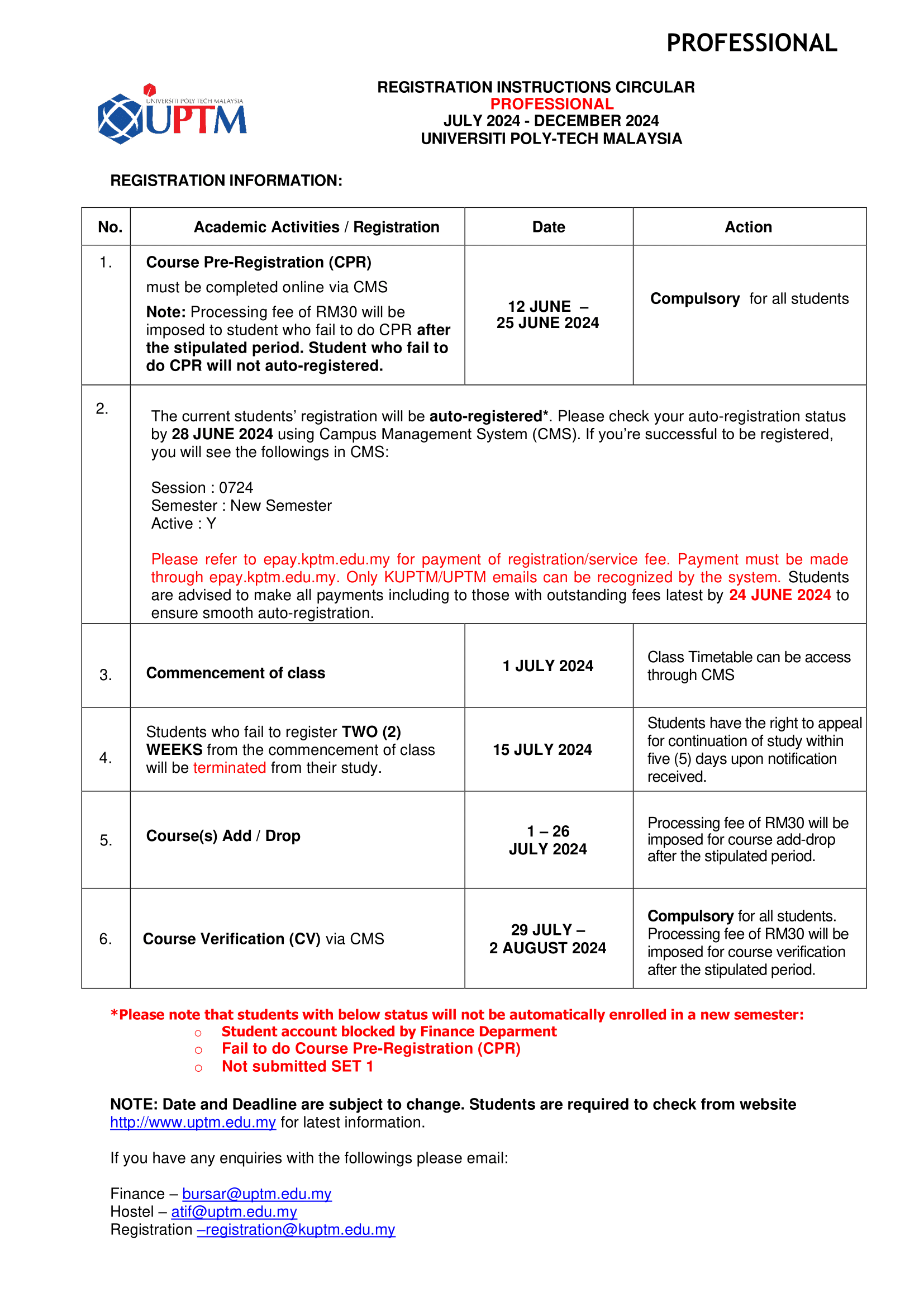 Universiti Poly-Tech Malaysia-UPTM - Registration Instructions Circular