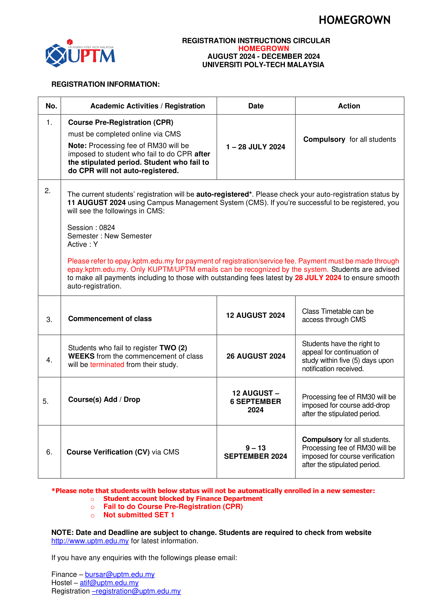 Universiti Poly-Tech Malaysia-UPTM - Registration Instructions Circular