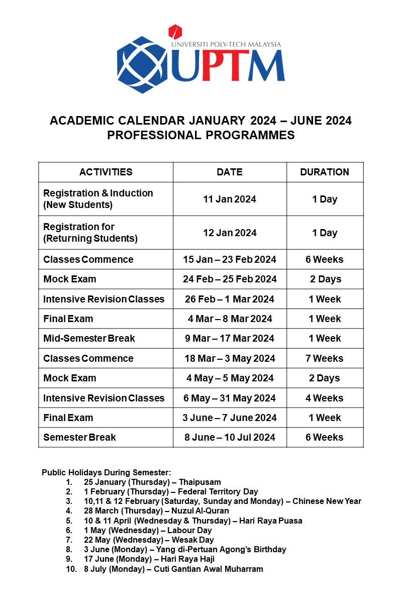 Universiti Poly-Tech Malaysia-UPTM - Academic Calendar